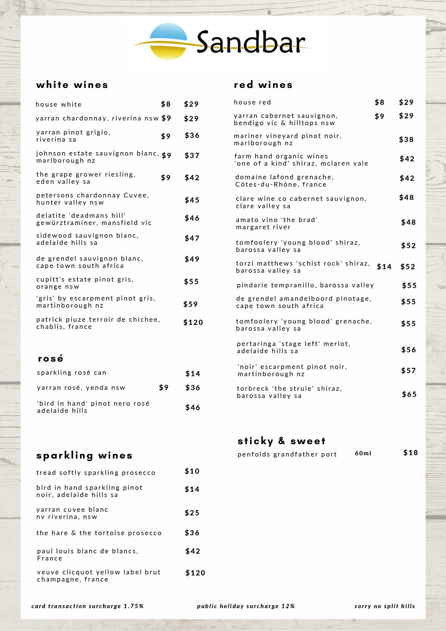 Sandbar Menu - Sandbar @ Huskisson Beach