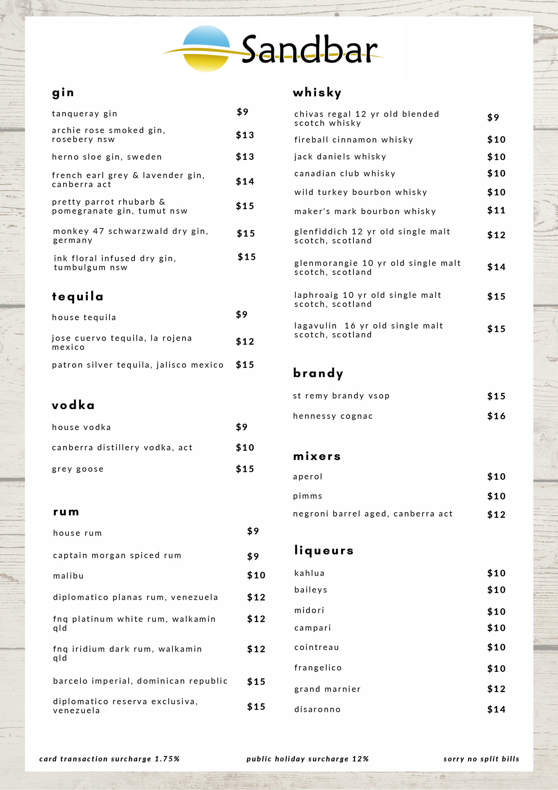 Sandbar Menu - Sandbar @ Huskisson Beach