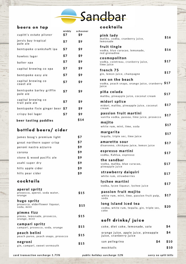 Sandbar Menu - Sandbar @ Huskisson Beach